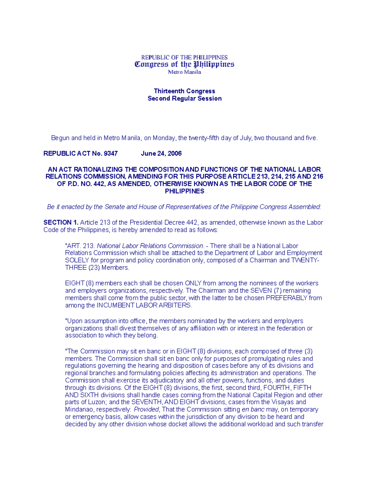 RA 9347 - Actual Case - Thirteenth Congress Second Regular Session ...