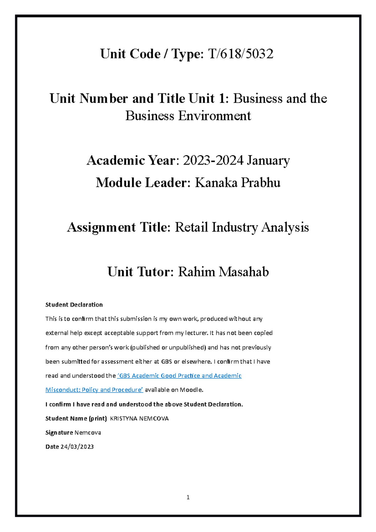 UNIT 1 Final SA - unit 1 cooursework - Unit Code / Type: T/618/ Unit ...