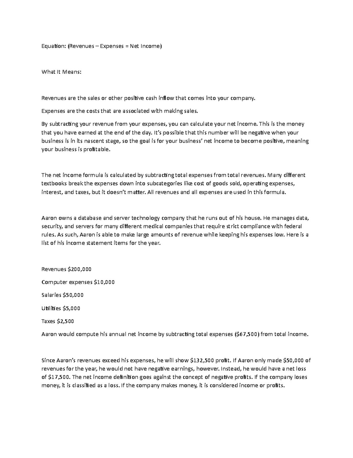 Net Income Equation - read well - Equation: (Revenues – Expenses = Net ...