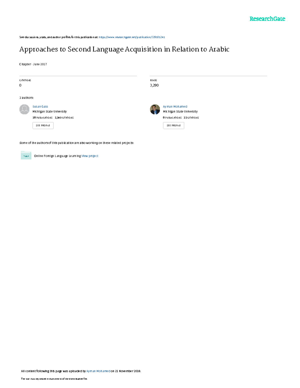 Approches to second language acquisition in relation to Arabic Susan ...