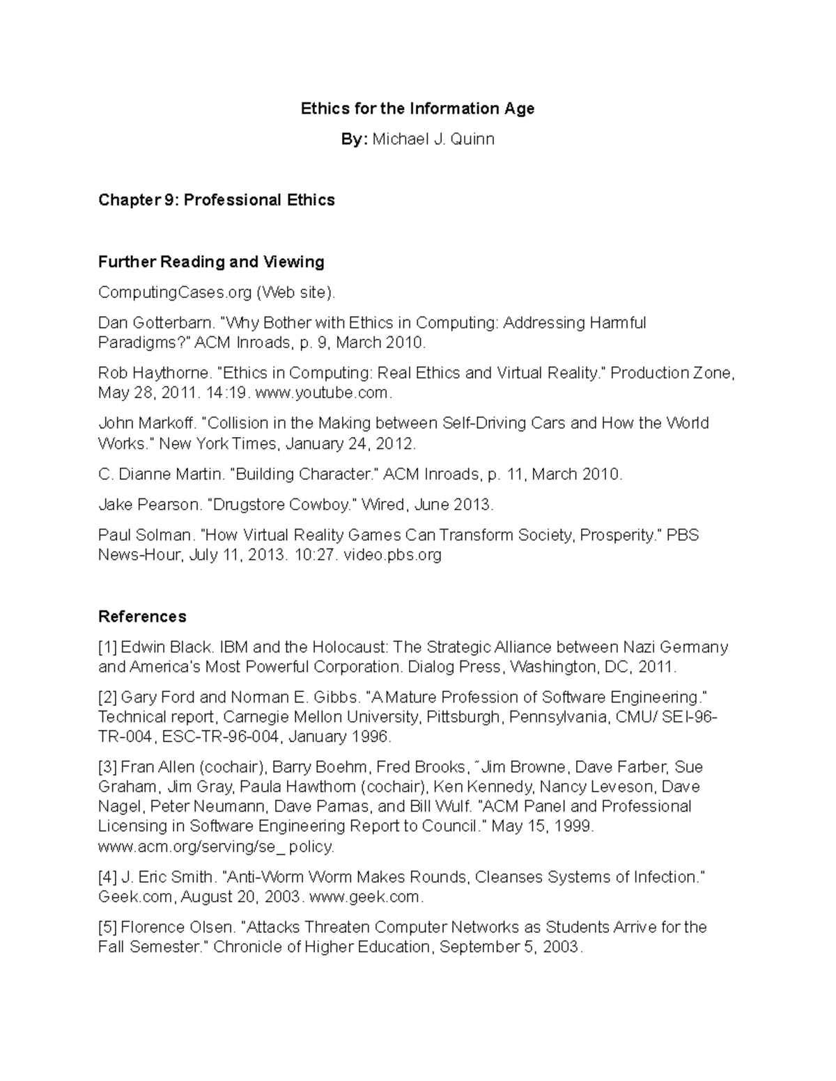 Chapter 9 Professional Ethics References Further Reading and Viewing ...