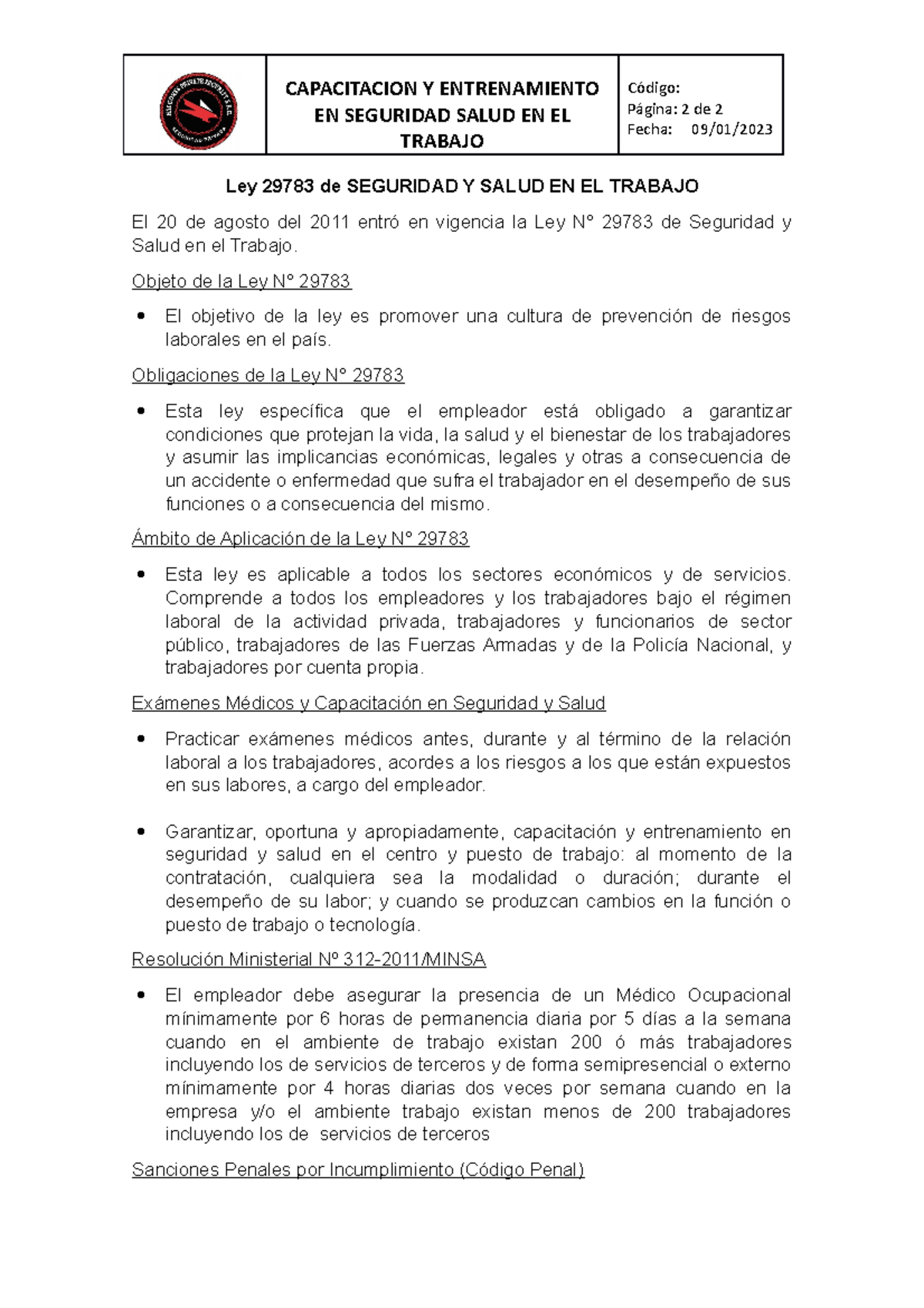 Ley 29783 de Seguridad Y Salud EN EL Trabajo - CAPACITACION Y ENTRENAMIENTO EN SEGURIDAD SALUD ...