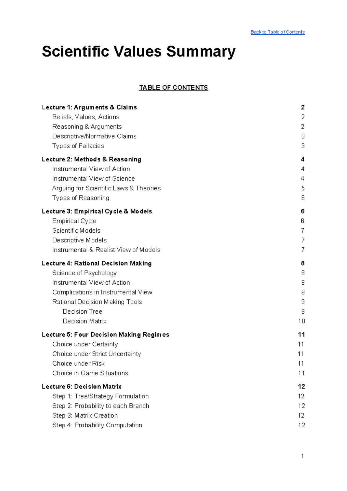 Scientific Values Summary - In the the external values originating in ...