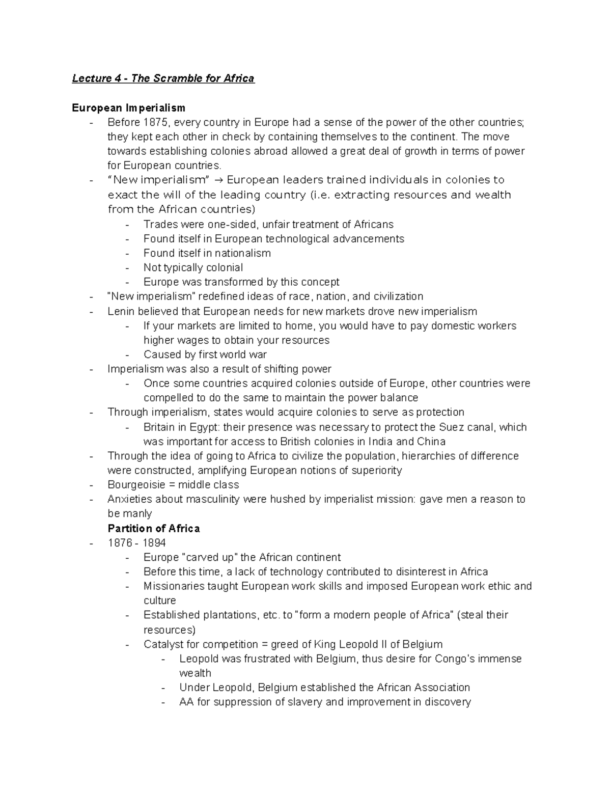 HIST1003A Notes Lecture 4 - Lecture 4 - The Scramble for Africa ...