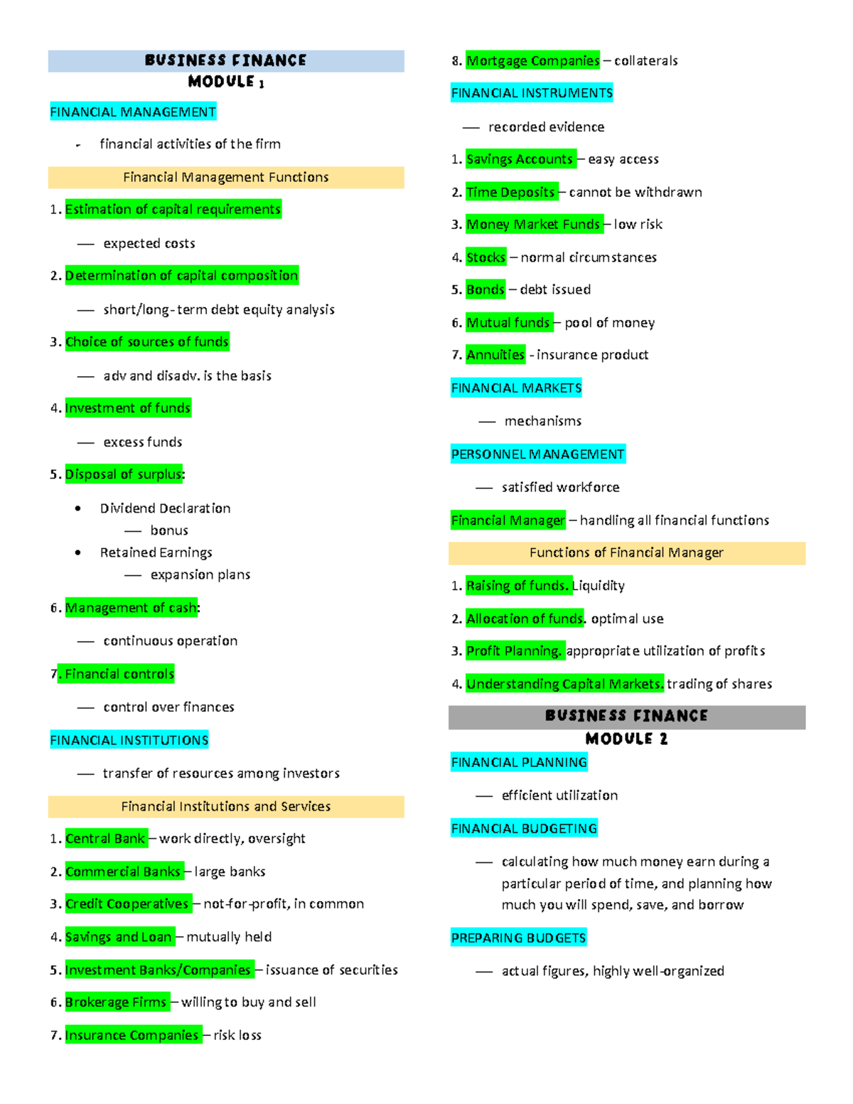 Business Finance Notes - BUSINESS FINANCE MODULE 1 FINANCIAL MANAGEMENT ...