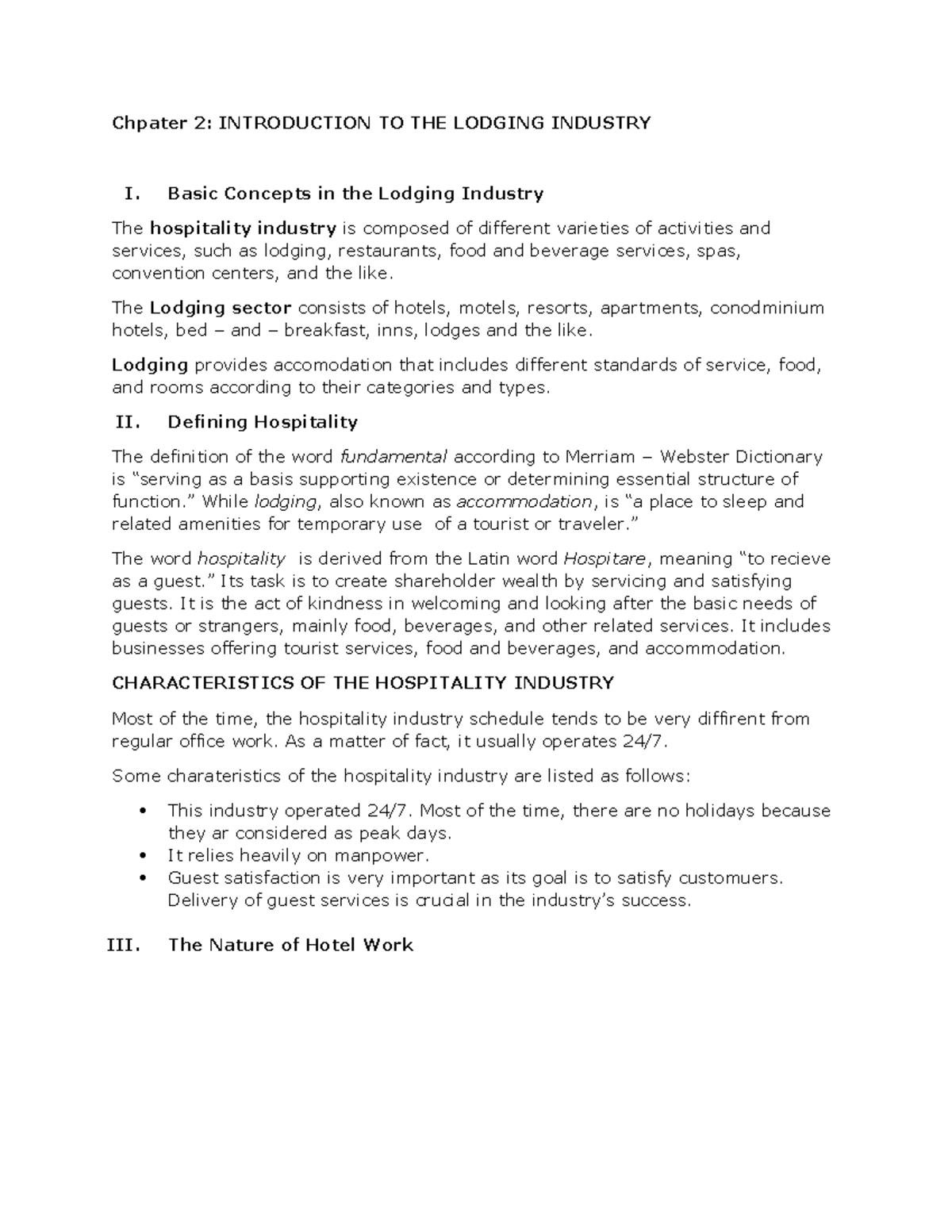 Chpater 2 - Fundamentals in lodging operations - Chpater 2: INTRODUCTION TO THE LODGING INDUSTRY ...