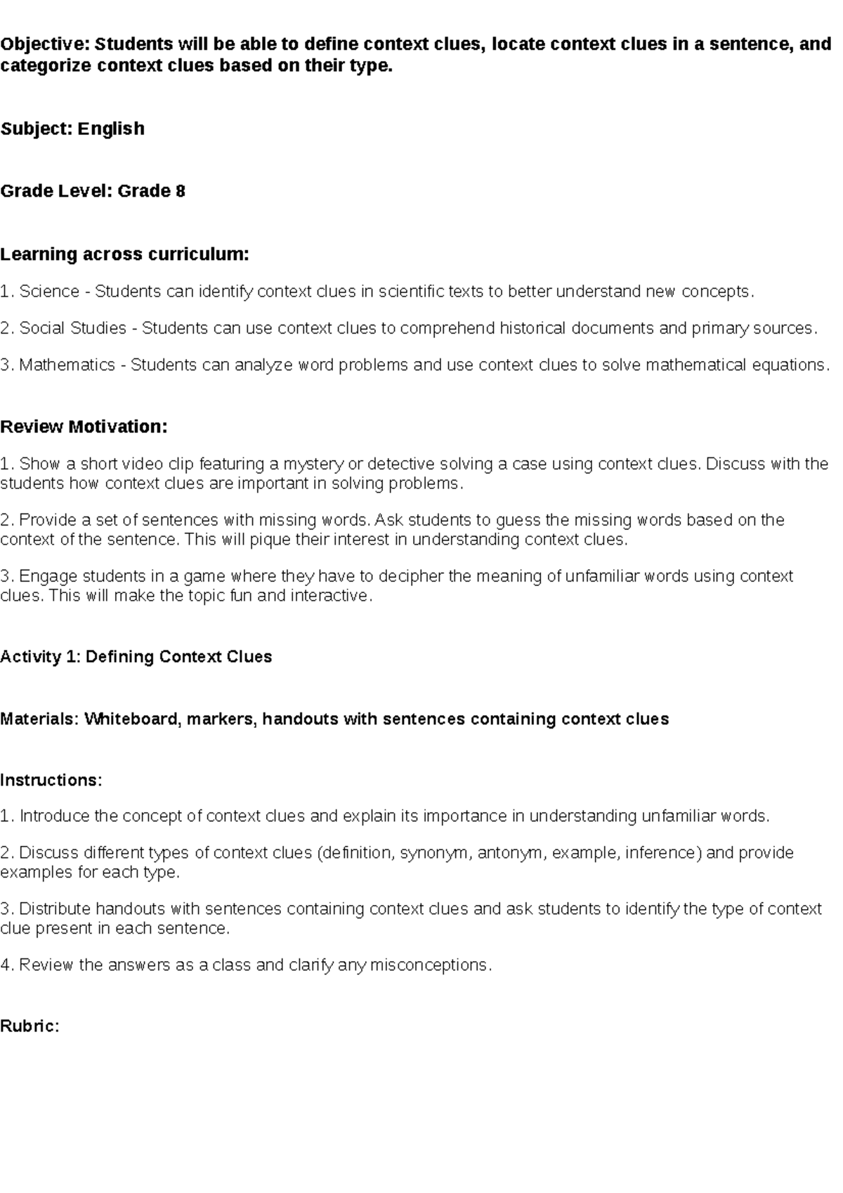 Lesson plan - Objective: Students will be able to define context clues ...