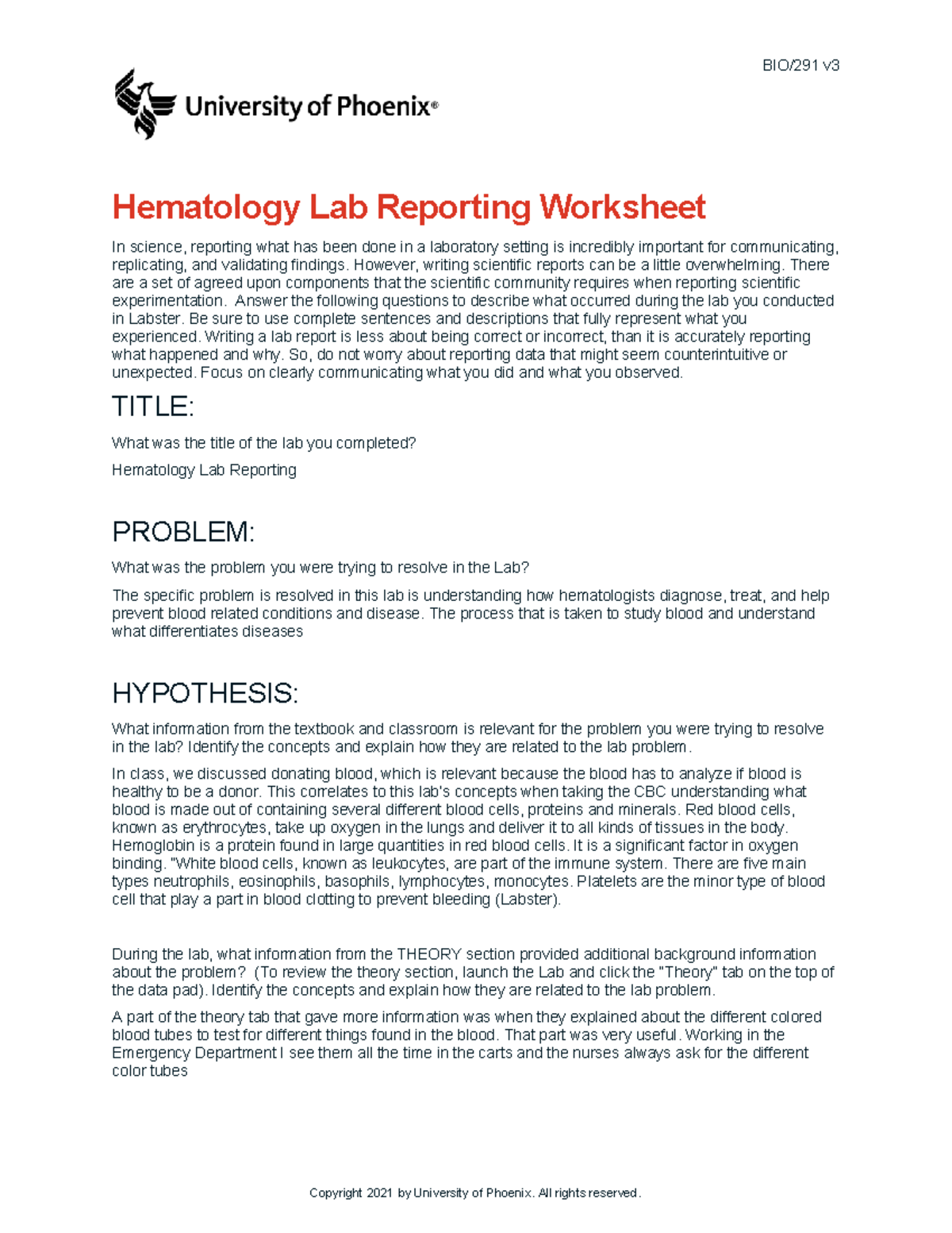 Bio291 v3 wk1 the hematology lab report - BIO/291 v Hematology Lab ...