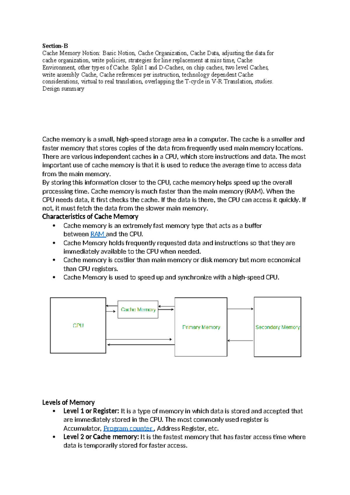 ACA unit 2 - advance computer architecture - Section-B Cache Memory Notion: Basic Notion, Cache ...
