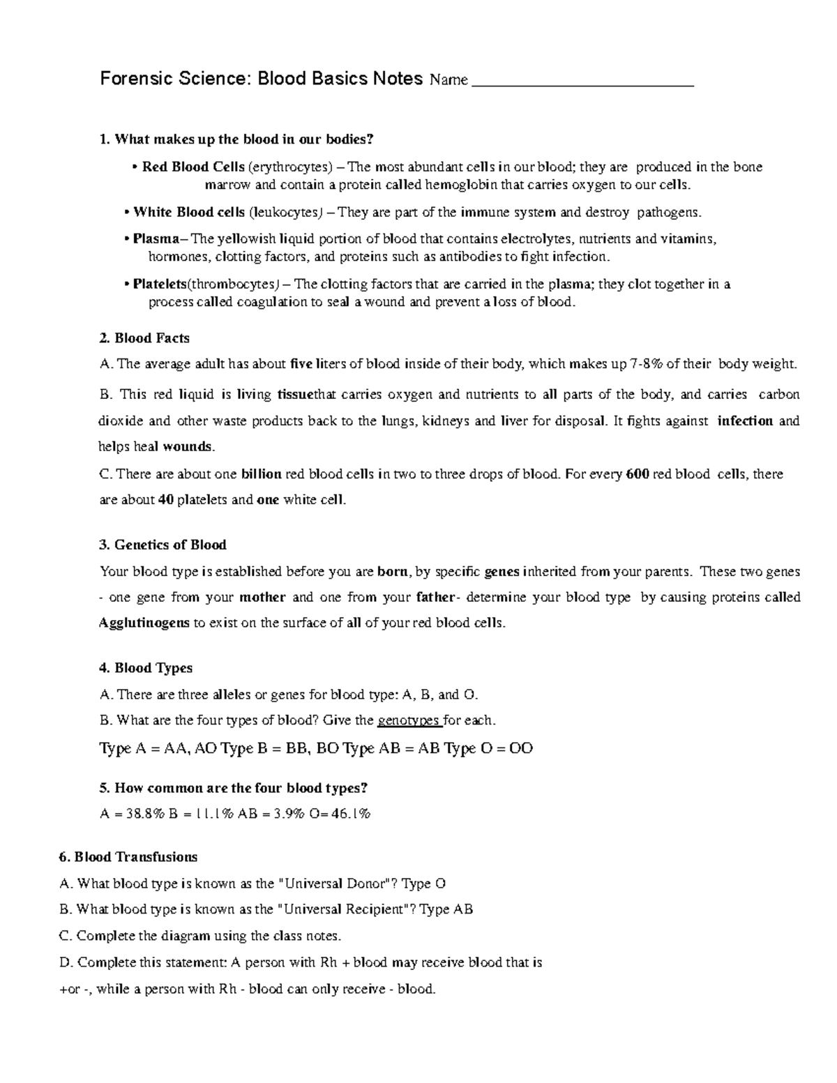 Copy of bloodbasicswkst - Forensic Science: Blood Basics Notes Name