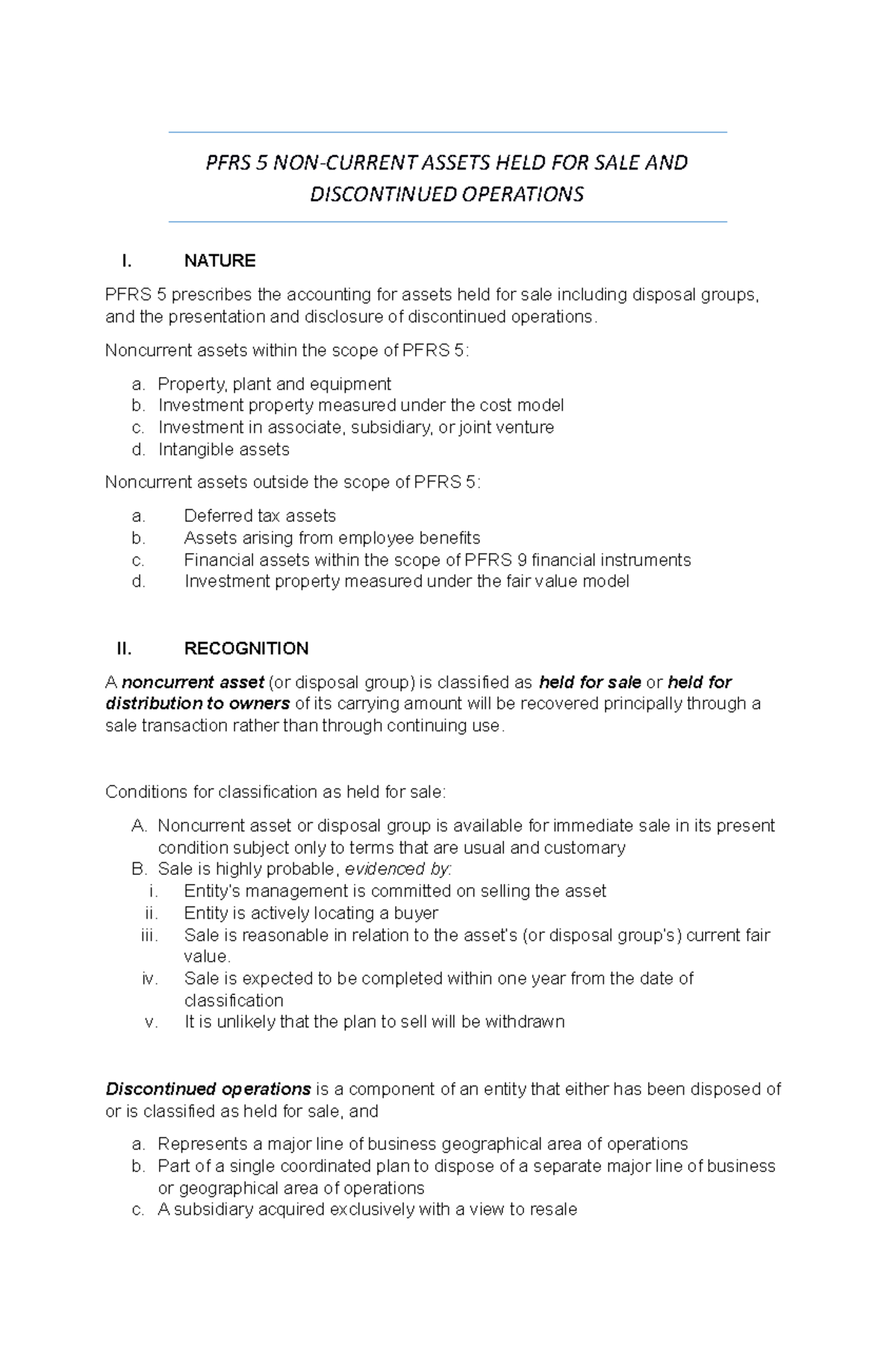 PFRS 5 NON- Current Assets HELD FOR SALE AND Discontinued Operations ...