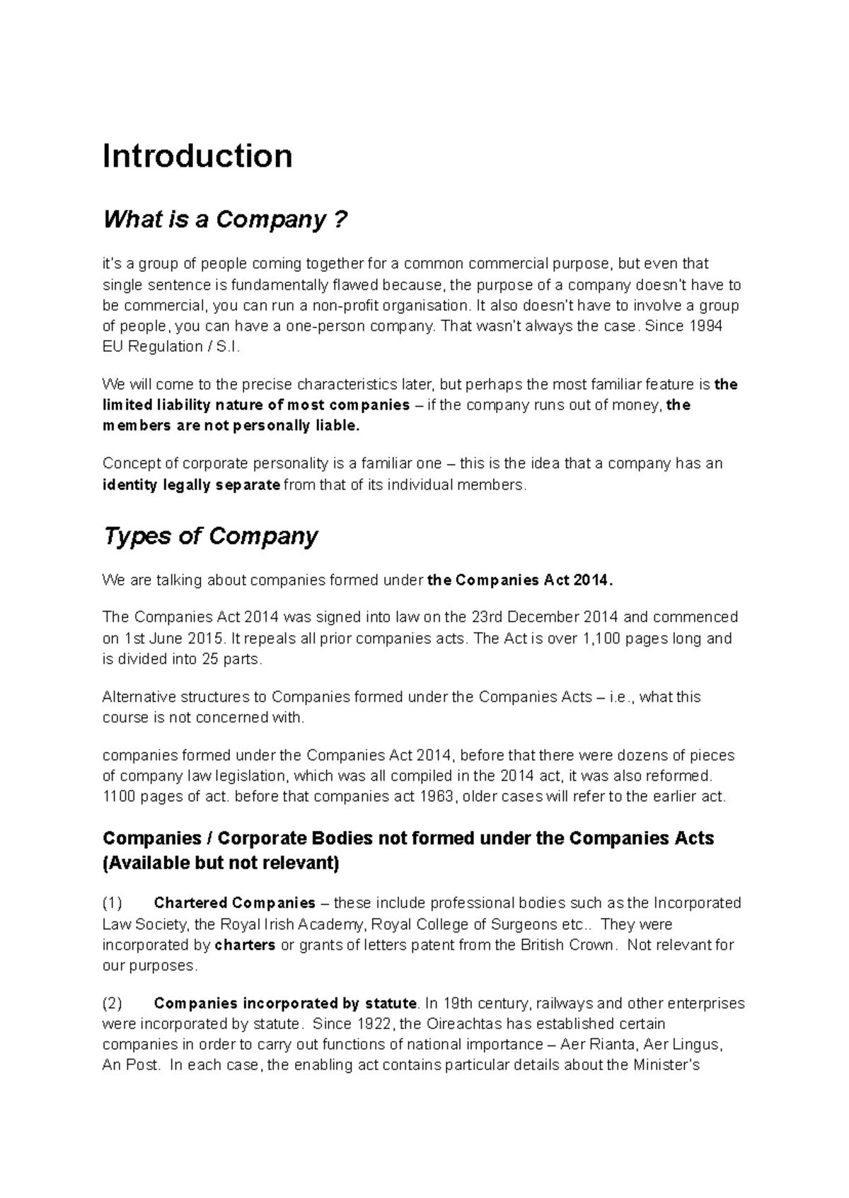 Introduction to Company Law I - Introduction What is a Company? it’s a ...