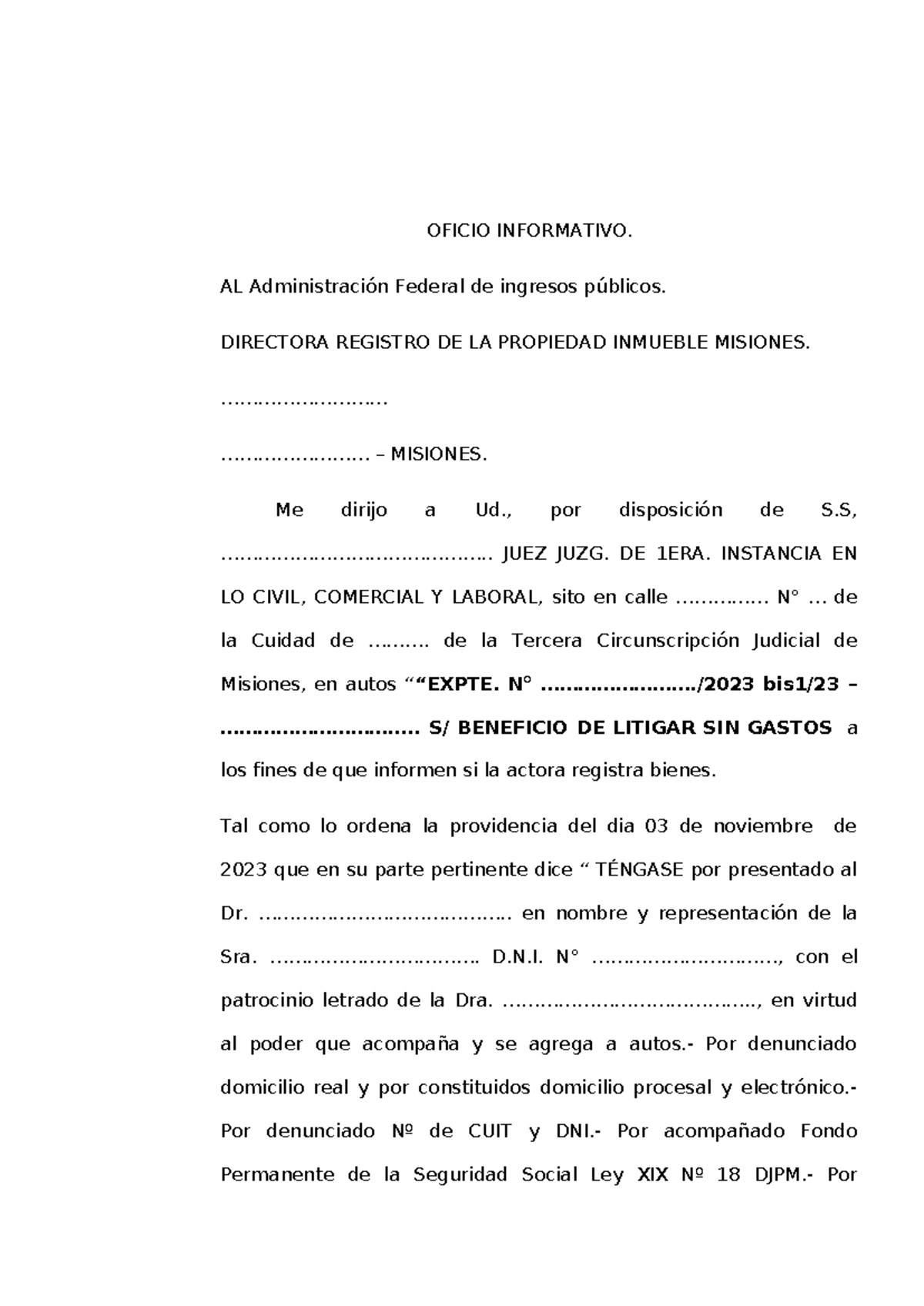 Oficio ejemplo para la afip - OFICIO INFORMATIVO. AL Administración ...