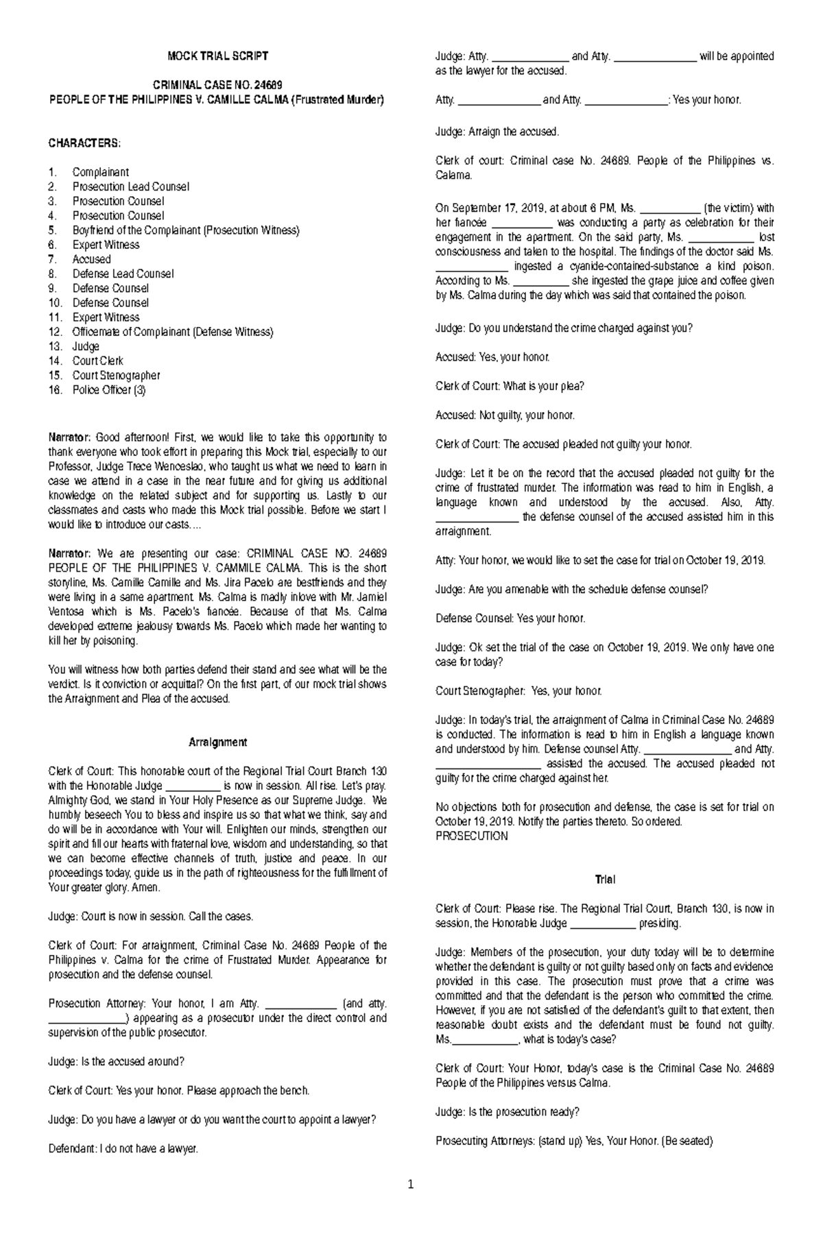 MOCK-Trial - Summary Nursing - MOCK TRIAL SCRIPT CRIMINAL CASE NO ...