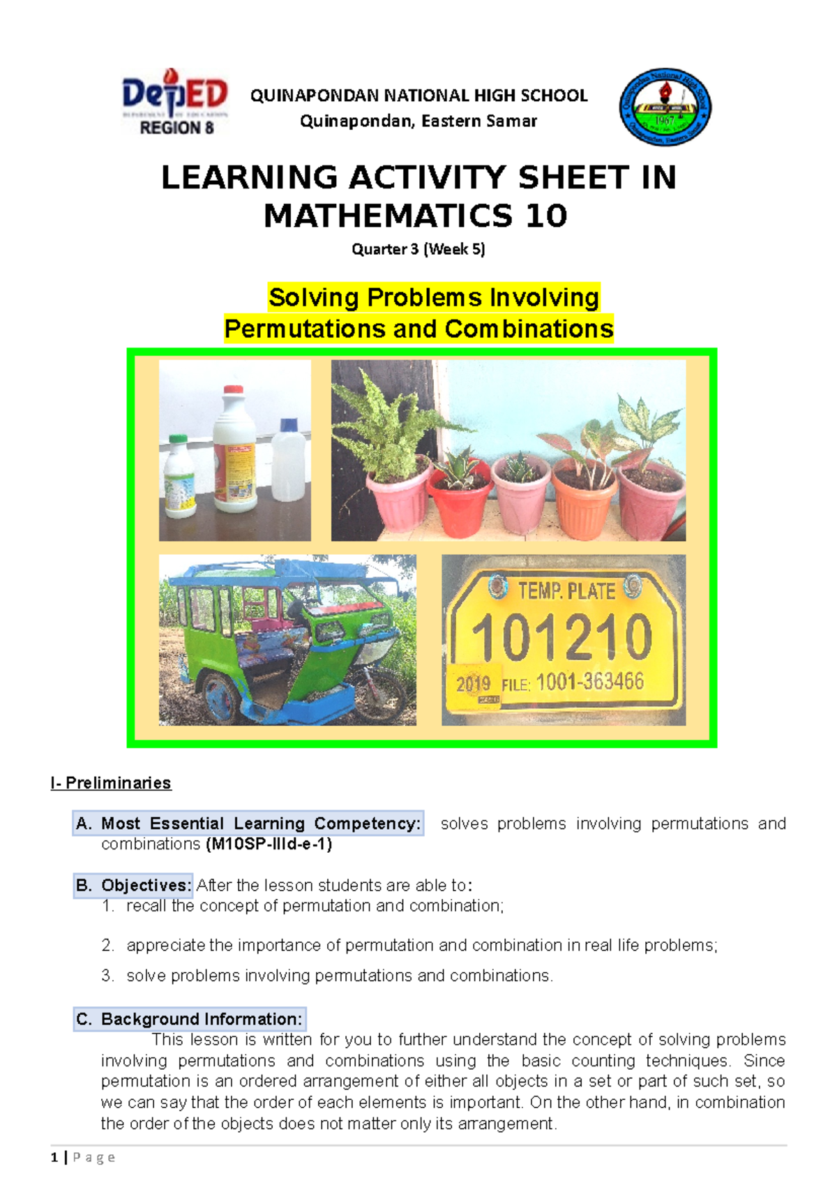 LAS week 5 - Learning Activity Sheet for Mathematics 10 Quarter 3 week 3 - QUINAPONDAN NATIONAL ...