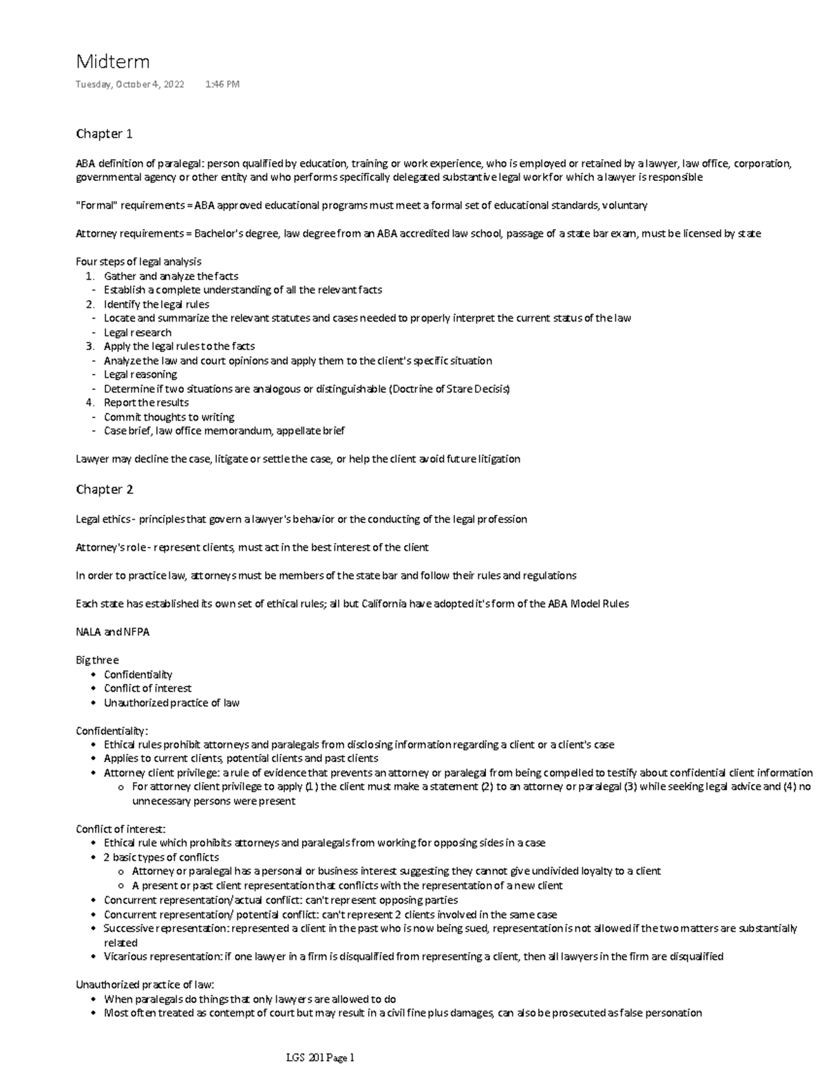 Lgs 201 Midterm Review - Chapter 1 ABA definition of paralegal: person qualified by education ...