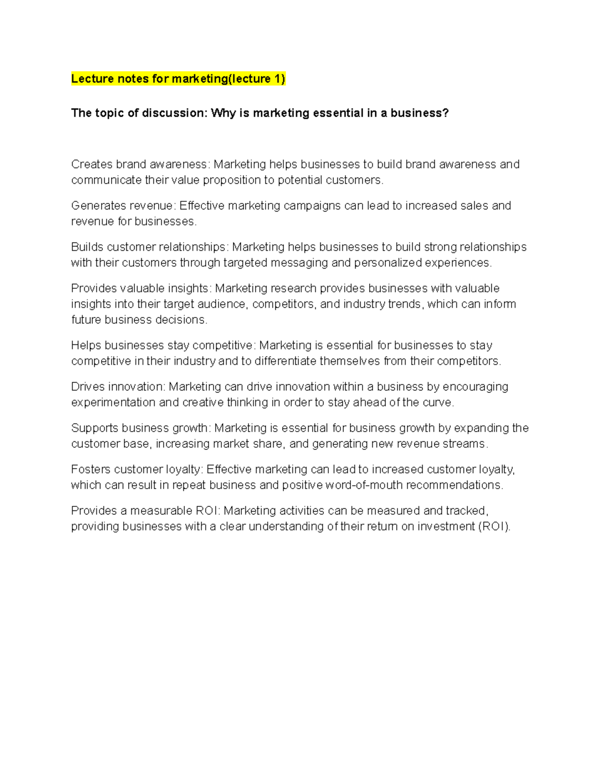 Lecture notes for marketing(lecture 1) - Generates revenue: Effective ...