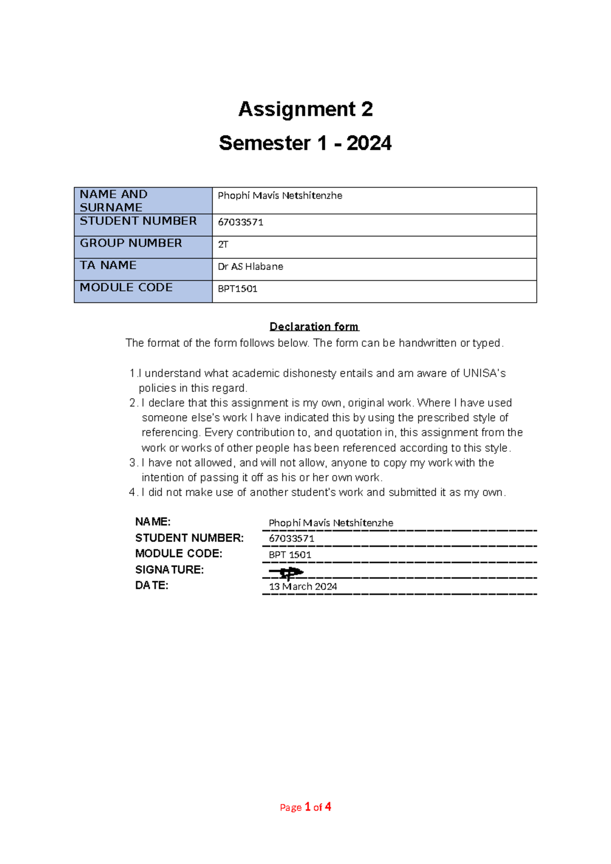 BPT 1501 Assignment 2 copy - Assignment 2 Semester 1 - 2024 NAME AND ...