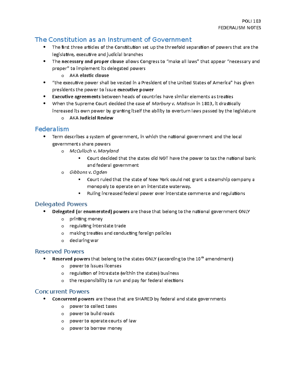 Federalism Notes - POLI 103 FEDERALISM NOTES The Constitution as an ...