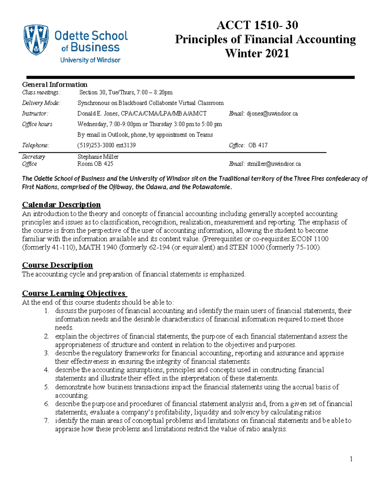 ACCT 1510-30 CO W21 Jones - General Information Class meetings: Section ...