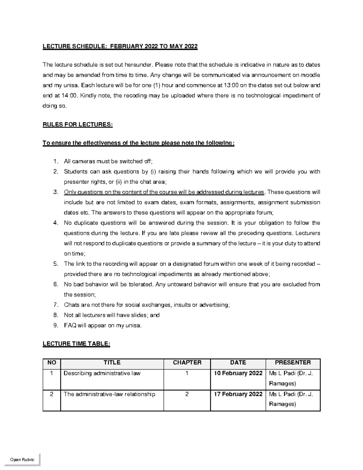 20220201 Lecture Schedule - LECTURE SCHEDULE: FEBRUARY 2022 TO MAY 2022 ...