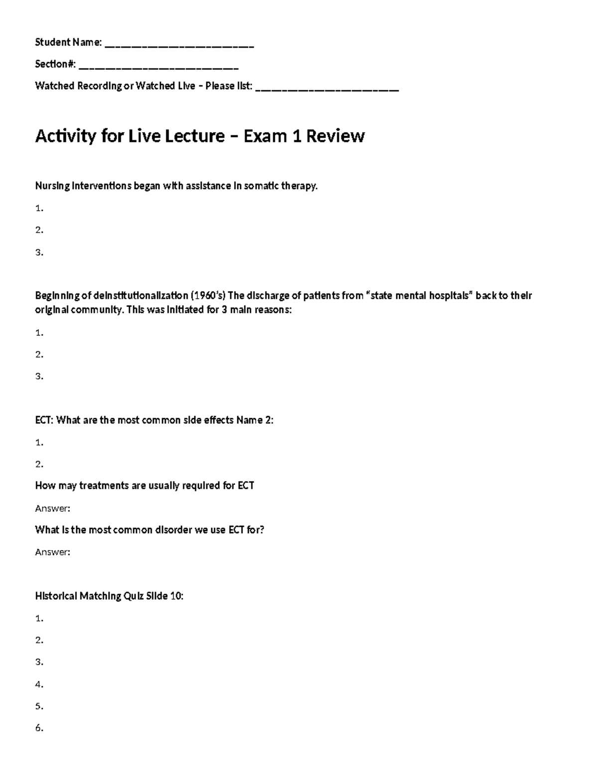 Fill in the Blank Exercise for Exam Review - Student Name ...