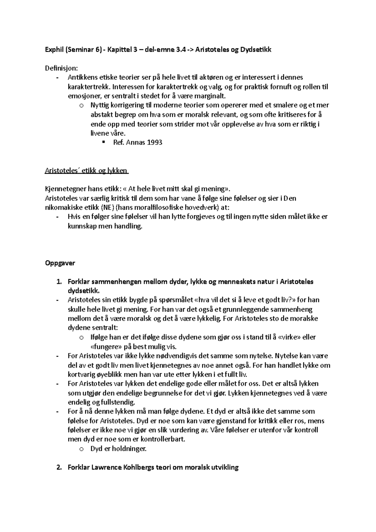 Exphil seminar 5 - exfil - Exphil (Seminar 6) - Kapittel 3 – del-emne 3 -> Aristoteles og - Studocu