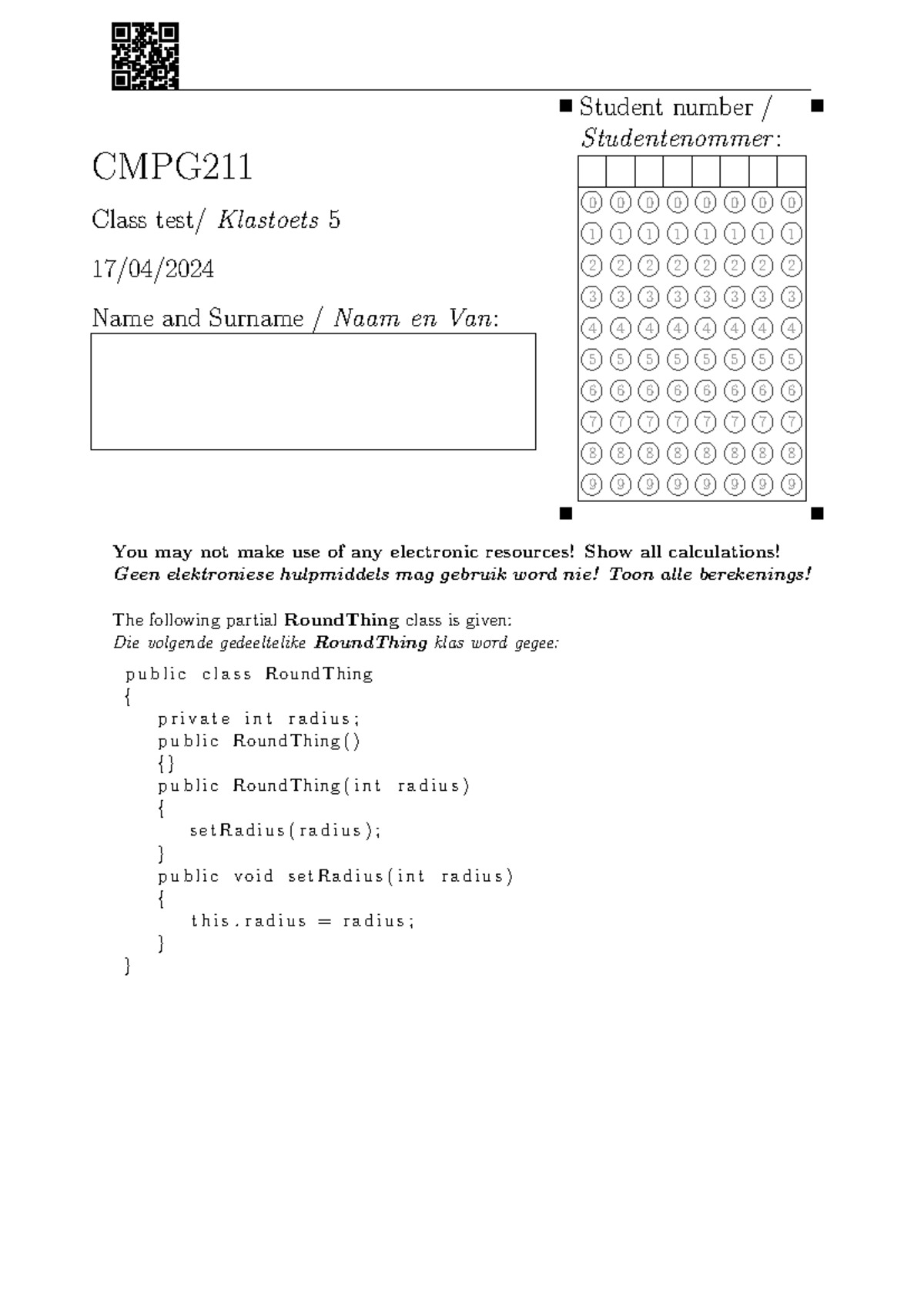 CMPG211 20240417 CT5 memo - CMPG Class test/ Klastoets 5 17/04/ Name ...