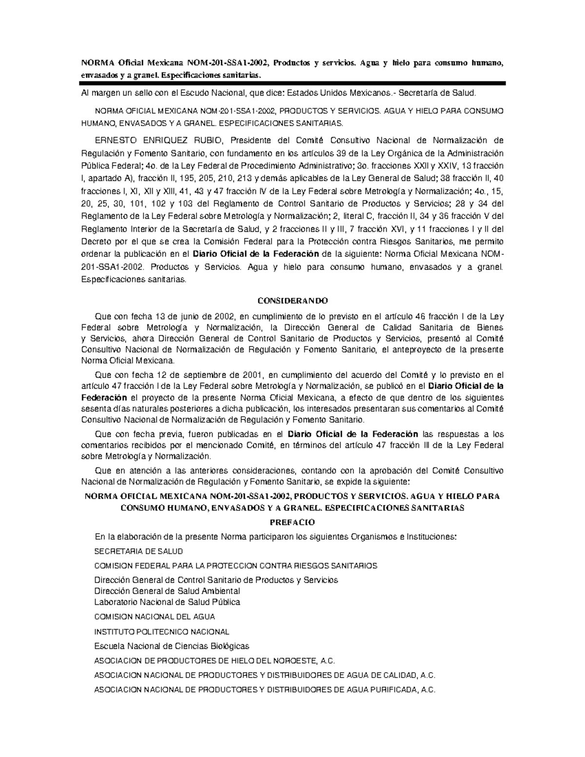 NOM-201-SSA1-2002 agua y hielo para consumo humano - NORMA Oficial Mexicana NOM-201-SSA1-2002 ...