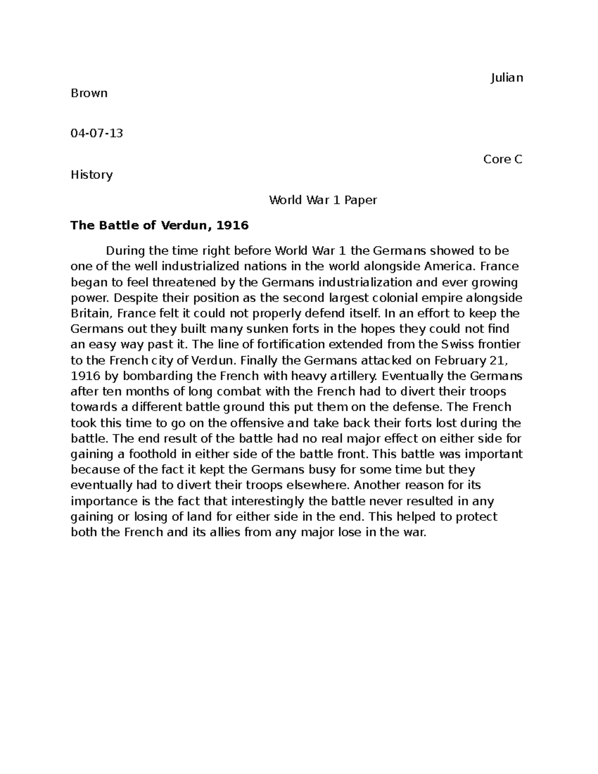 World war 1 paper #1 - Julian Brown 04-07- Core C History World War 1 ...