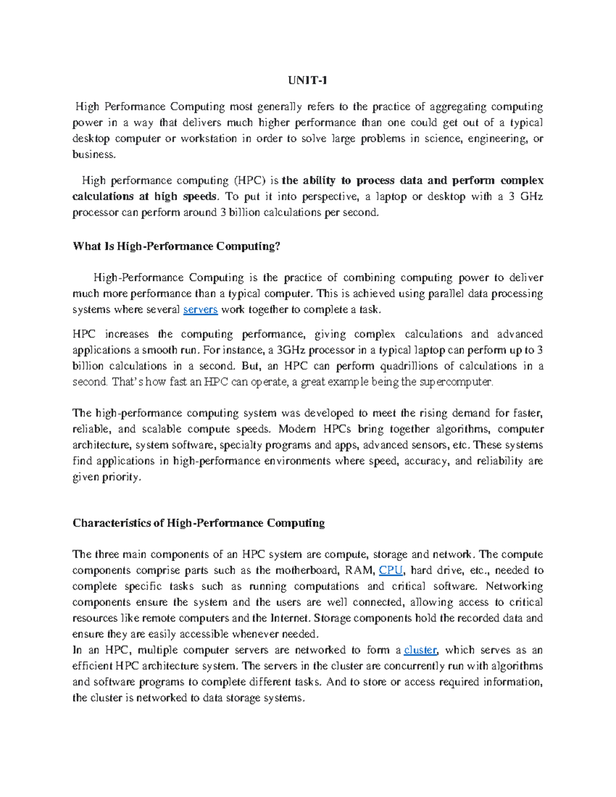 HPC unit 1 - UNIT- 1 High Performance Computing most generally refers to the practice of ...