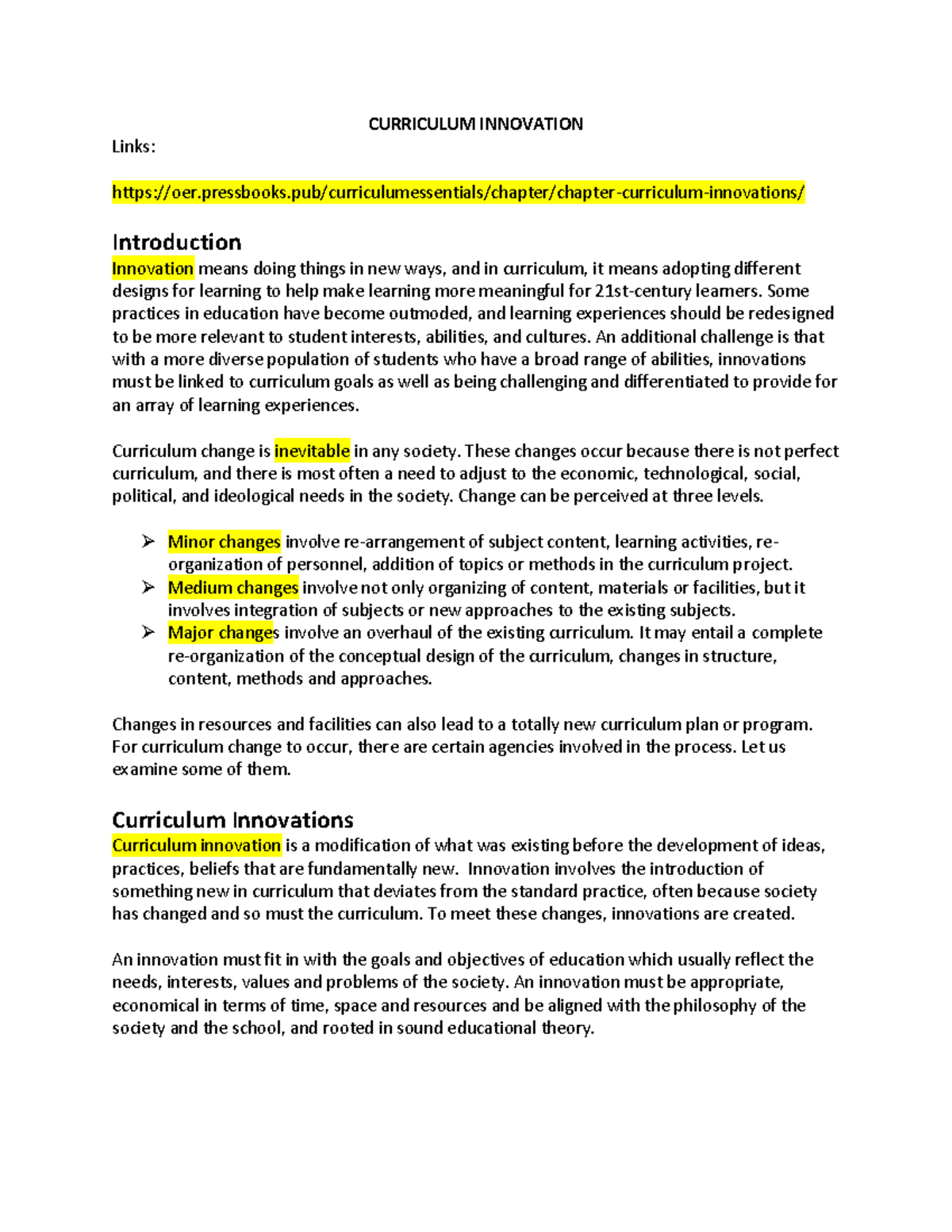 Curriculum- Innovation - CURRICULUM INNOVATION Links: - Studocu
