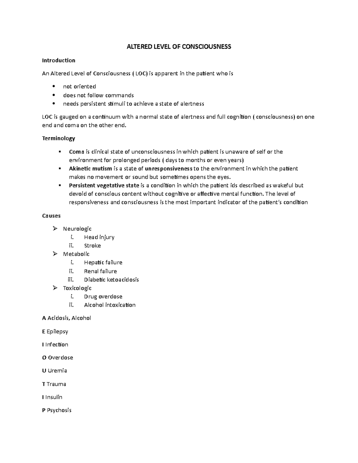 Altered Level of Consciousness - Terminology Coma is clinical state of ...