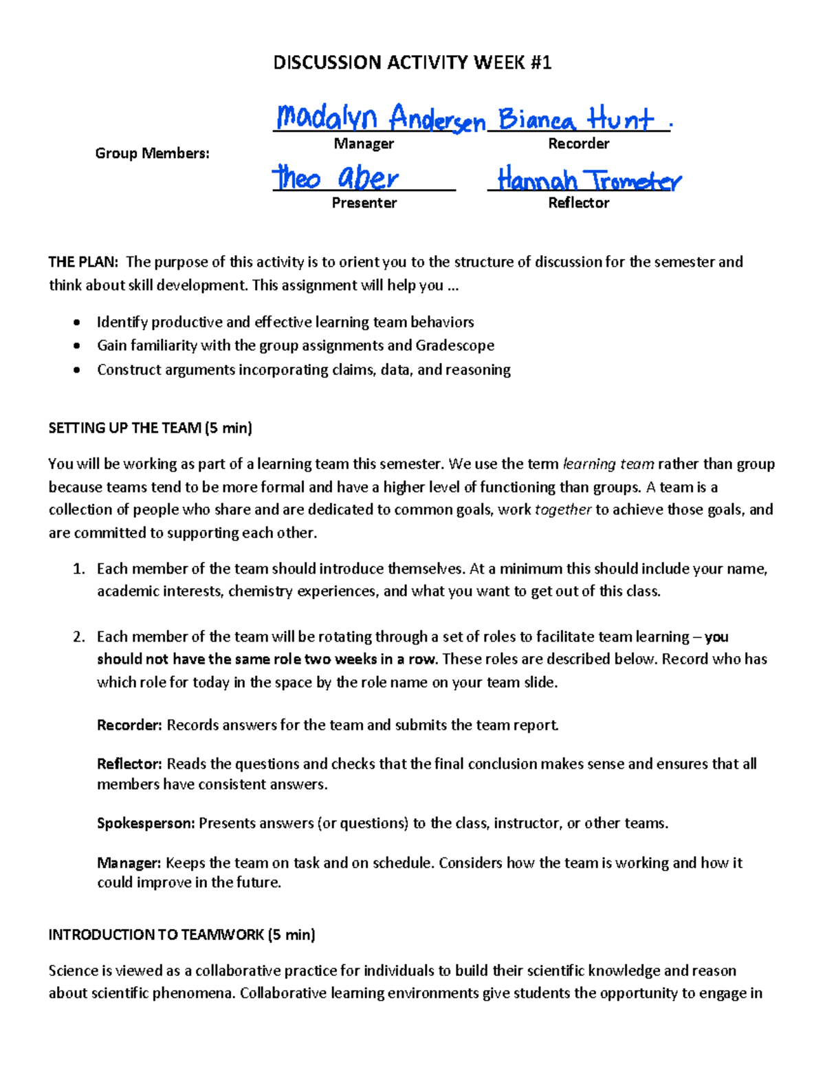 Discussion Worksheet Week 1 - DISCUSSION ACTIVITY WEEK # 1 Group ...