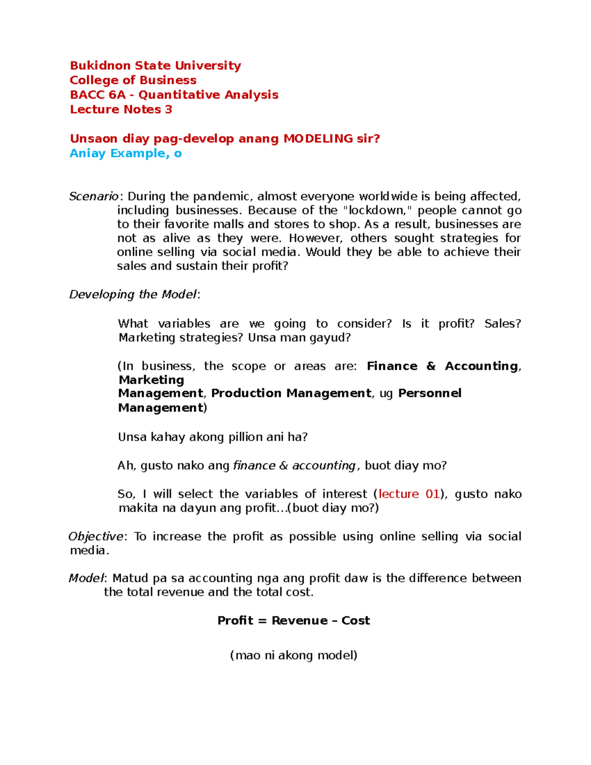 Quantitative Analysis Lecture Notes 3 - Developing a Model - BSU - Studocu