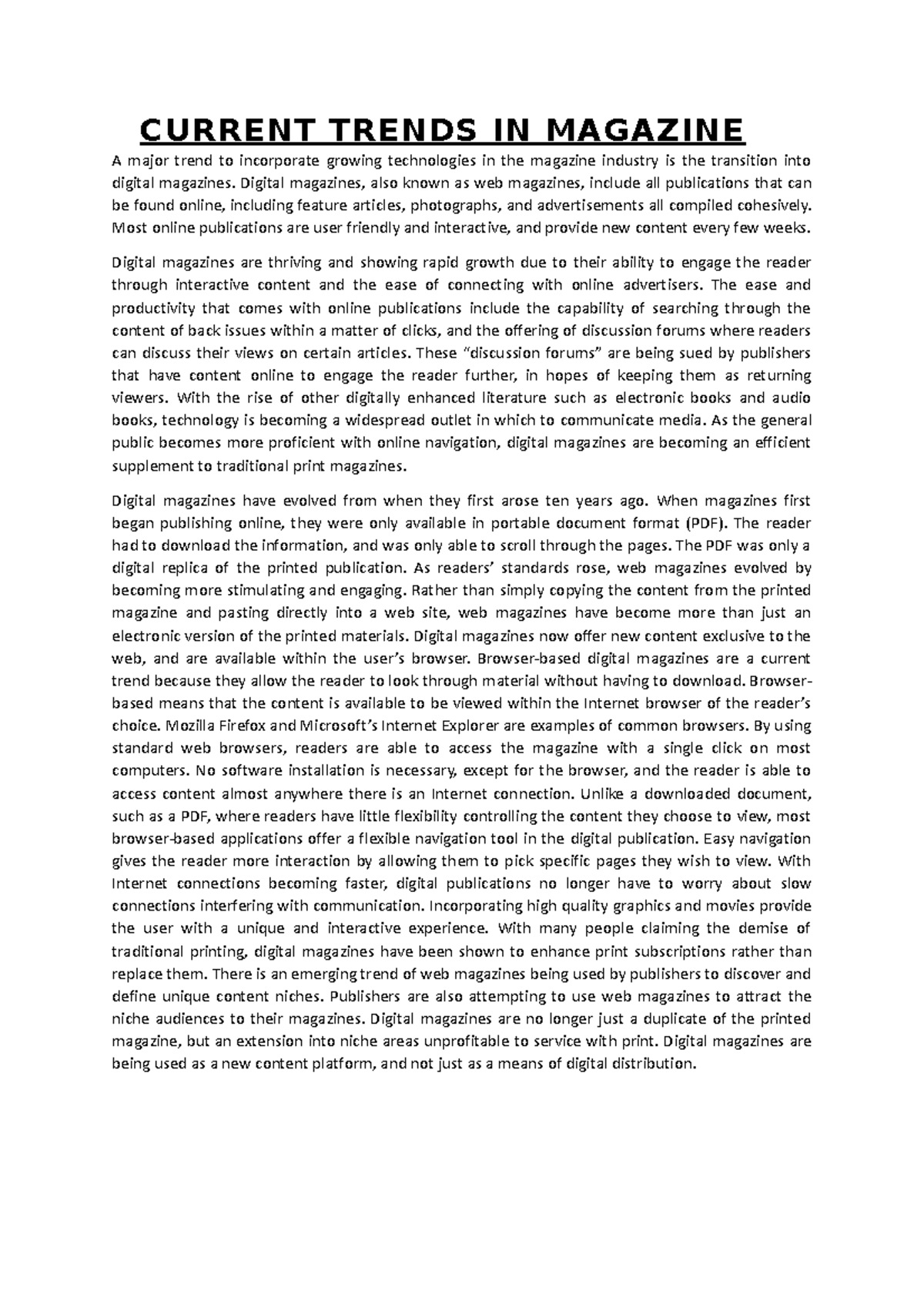 Current Trends IN Magazine - CURRENT TRENDS IN MAGAZINE A major trend ...