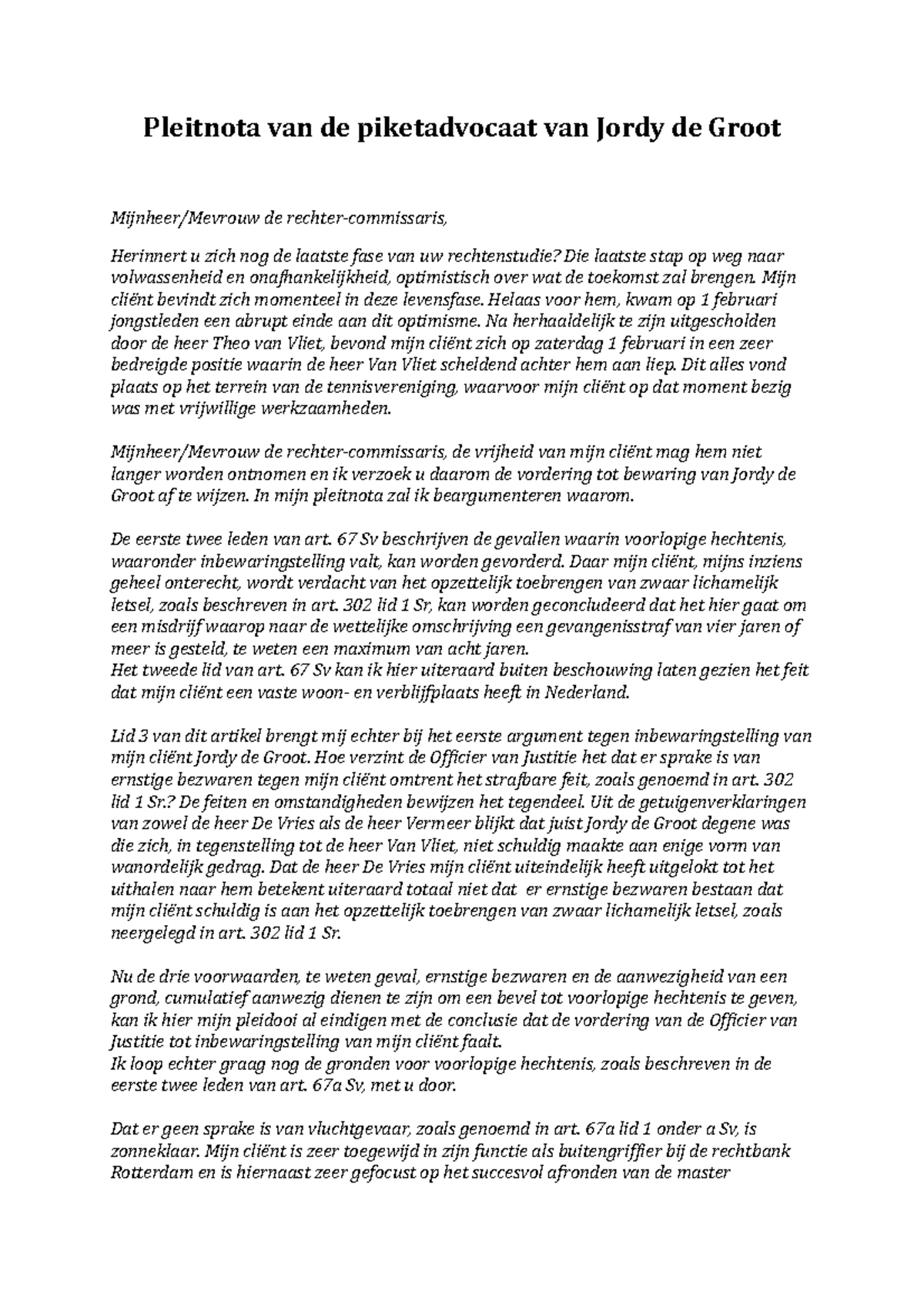 Werkstuk/essay, Inleiding Strafrecht, Pleitnota - Pleitnota van de ...