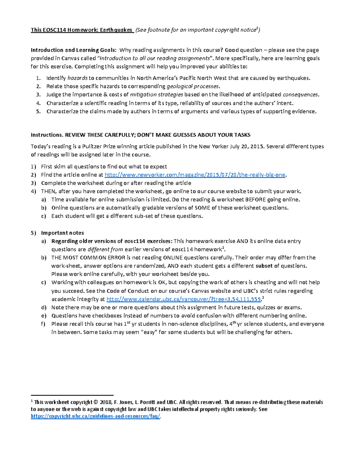 quake worksheet - This EOSC114 Homework: Earthquakes (See footnote for ...