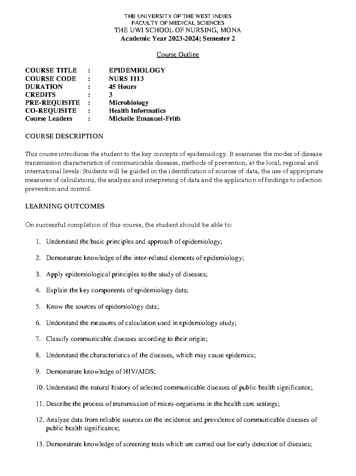 Epidemiology course outline - THE UNIVERSITY OF THE WEST INDIES FACULTY ...