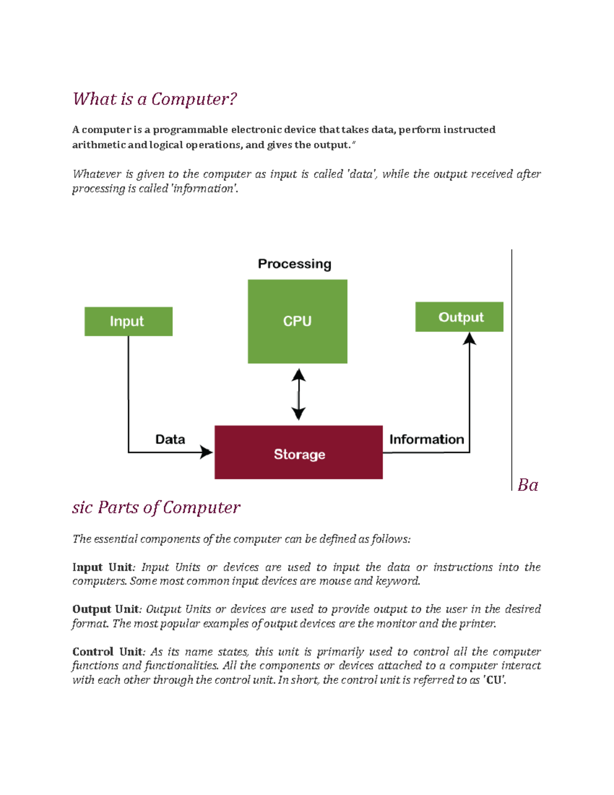 Unit 1 - What is a Computer? A computer is a programmable electronic device that takes data ...