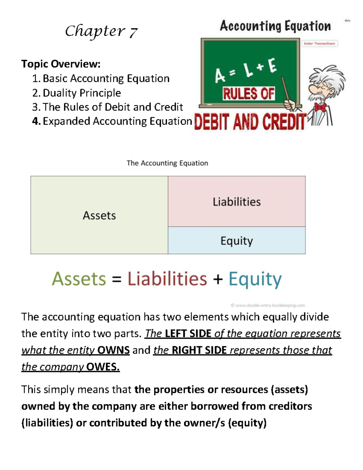 FABM1- Accounting- Equation - Chapter 7 Topic Overview: 1. Basic ...