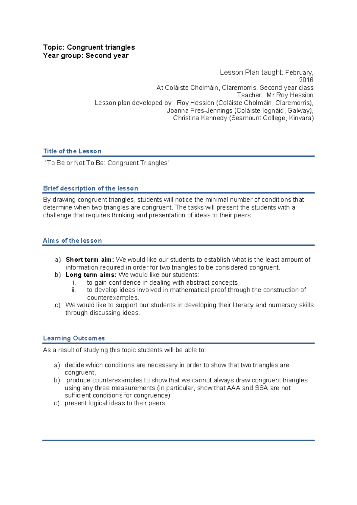 Congruent Triangles - notes - Topic: Congruent triangles Year group ...