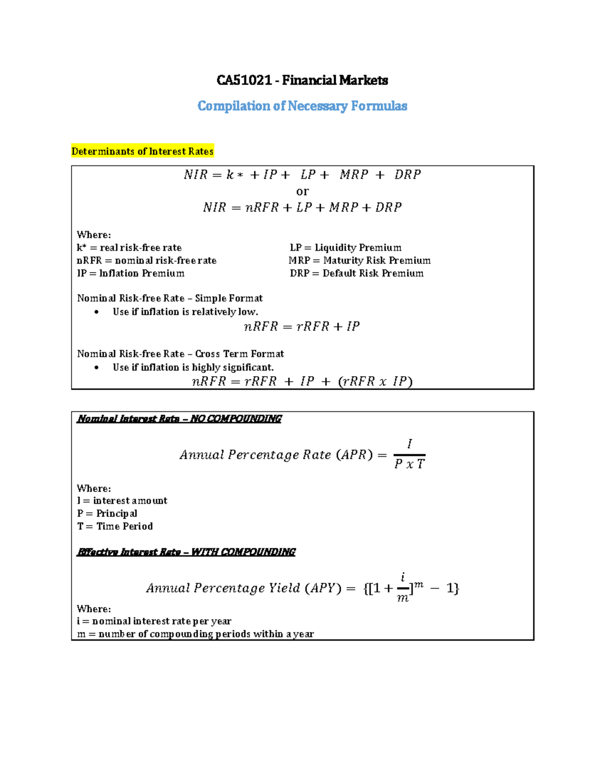 Formulas-for- Prelims - CA51021 - Financial Markets Compilation of ...