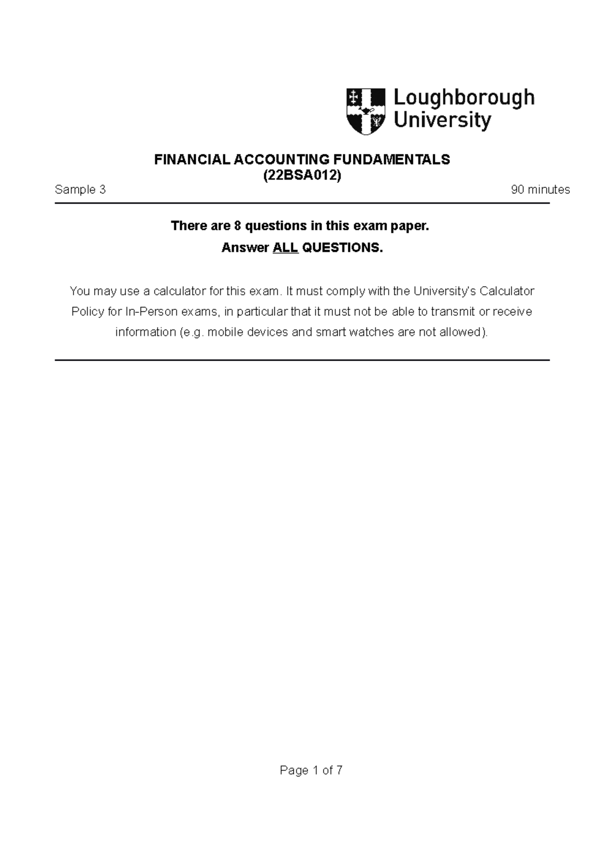 22 BSA012 Semester 1 sample exam 3 with solutions - FINANCIAL ACCOUNTING FUNDAMENTALS (22BSA012 ...