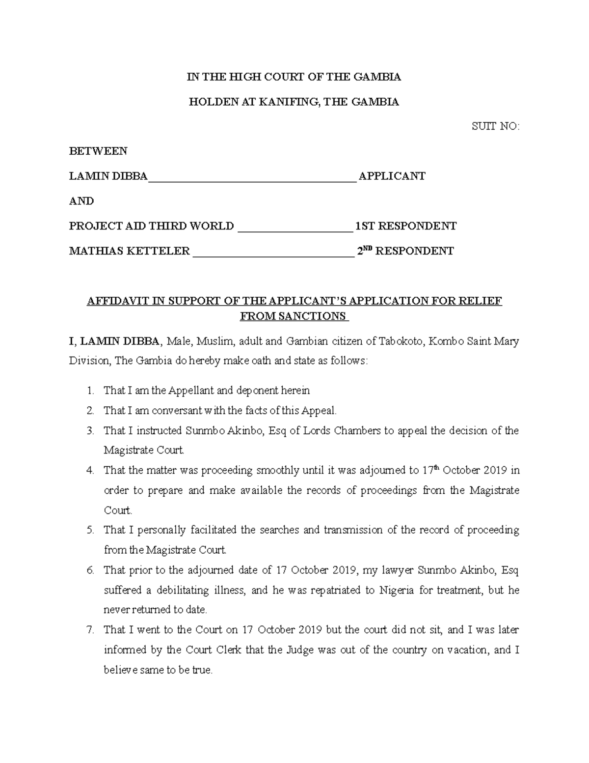 Affidavit Dibba V Africa - IN THE HIGH COURT OF THE GAMBIA HOLDEN AT ...