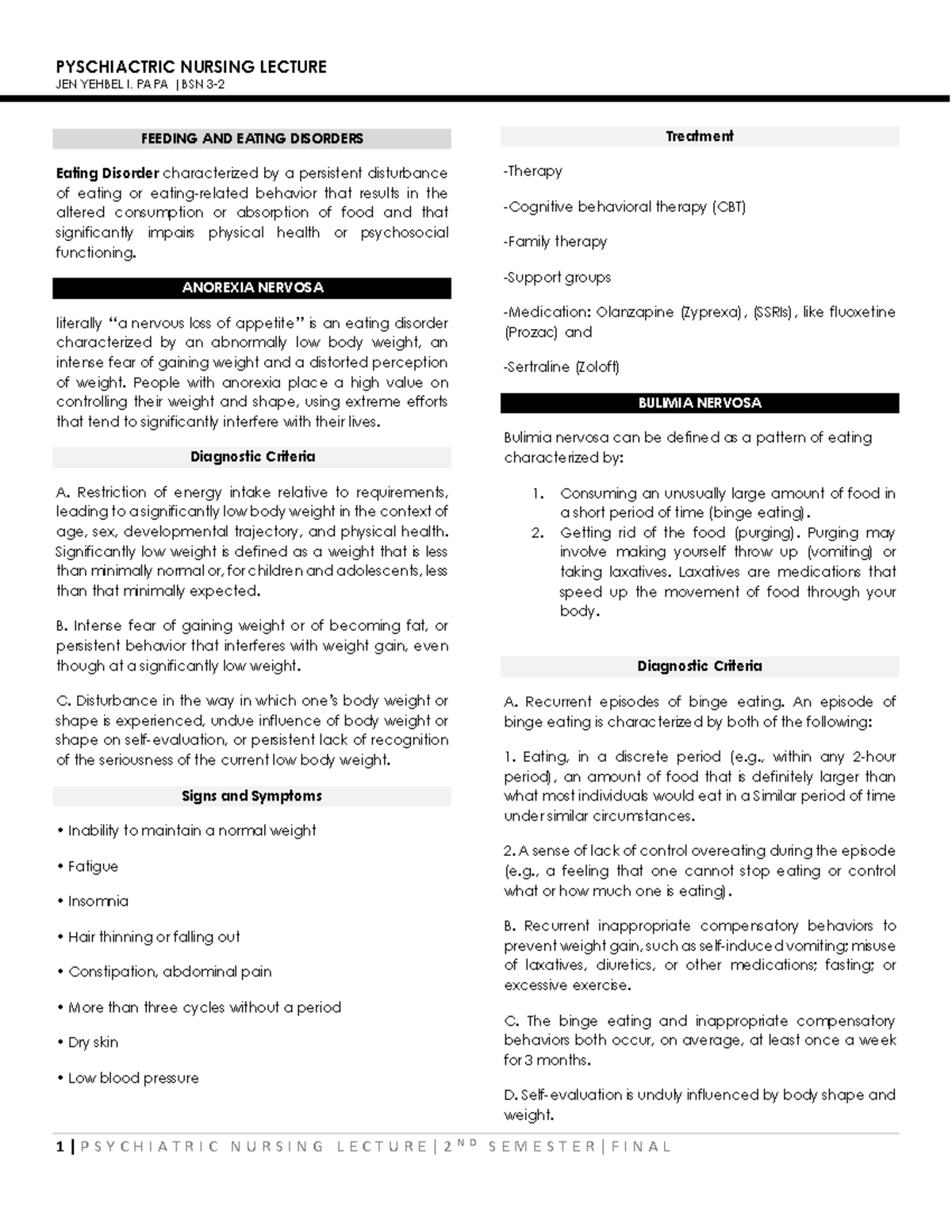 Eating AND Elimination Disorder - JEN YEHBEL I. PAPA |BSN 3- 2 FEEDING ...