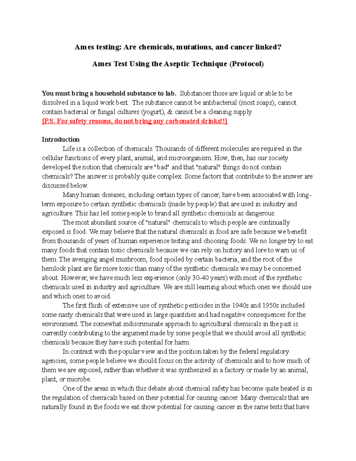 Ames Test Lab Protocol Spring 2023 - Ames testing: Are chemicals ...