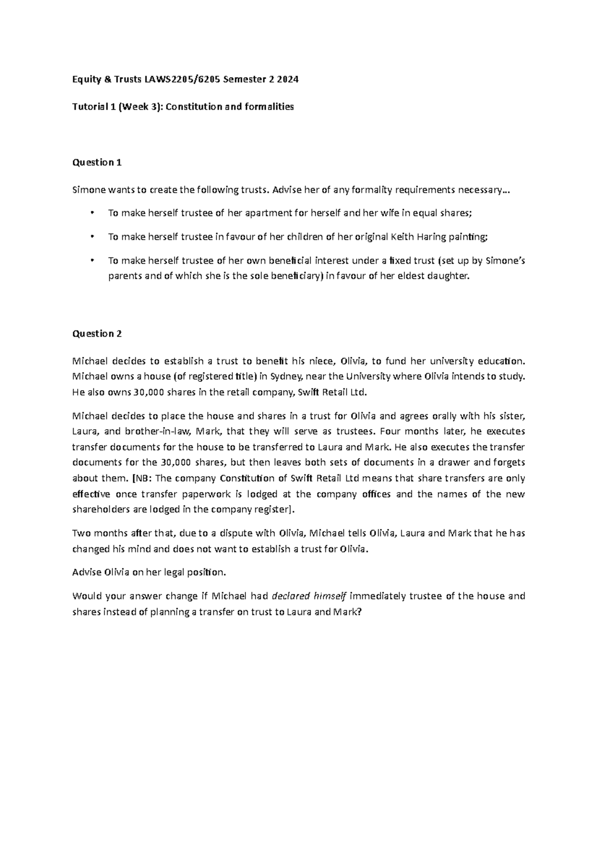 Tutorial 1 (Week 3) Constitution Formalities - Equity & Trusts LAWS2205 ...