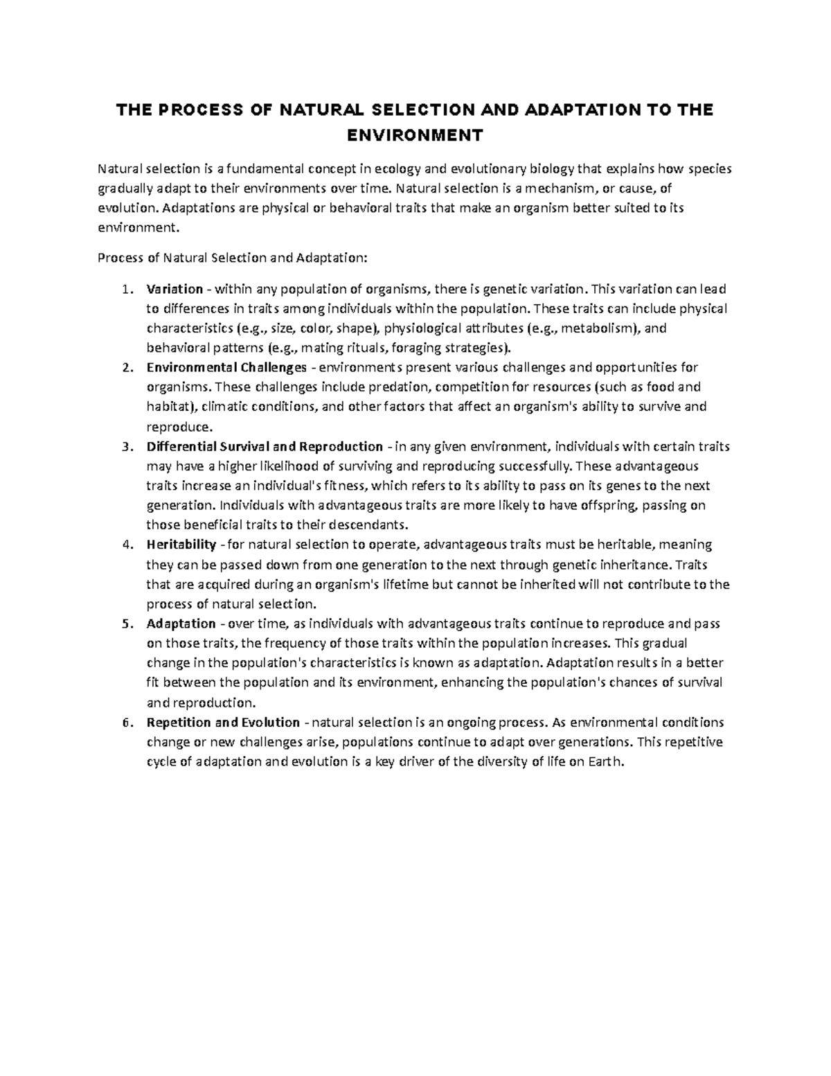 THE Process OF Natural Selection AND Adaptation TO THE Environment ...