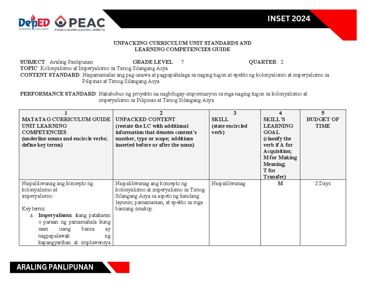 HO7 Unpacking Curriculum Standards and Learning Competencies Template ...